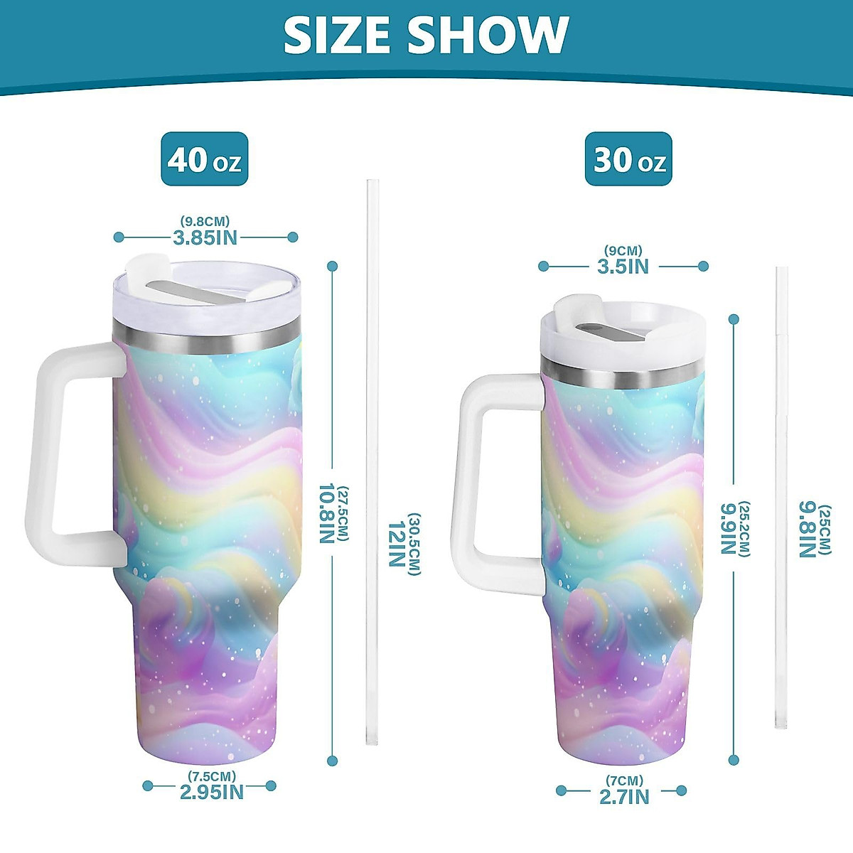 KEEPREAL 30 oz Rainbow Ice Cream Swirl Tumbler with Handle, Insulated Sports Water Bottle with Lid and Straw, Thermal Stainless Steel Travel Coffee Mug Cup #171