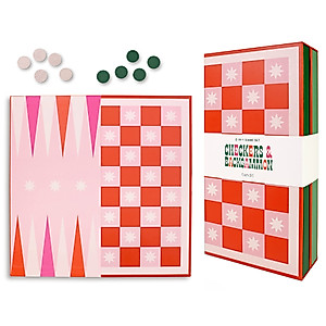 ban.do Game Night! 2-in-1 Checkers and Backgammon Board, Checkers Board Game and Backgammon Set for Adults Includes Duo Board, 30 Checkers, 2 Dice, Pink/Red