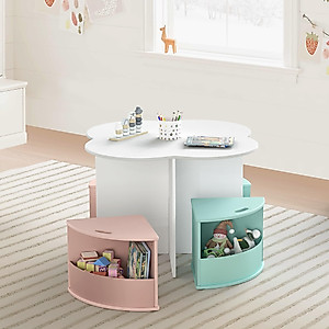 Curipeer Toddler Table and Chair Set with 4 Storage Stools, Flower Shaped Nesting Design Table with Built-in Pen Holder, Kids Table for Activity/Play/Art/Read/Craft, Pink & Mint Green