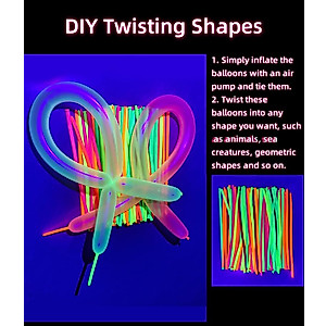 100Pcs UV Neon Long Skinny Balloons, Twisting UV Black Light Glow in the Dark Luminous DIY Modeling Magic Latex Balloon for Birthday Wedding Anniversary Graduation Blacklight Neon Party Decoration