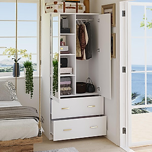 AIEGLE 2 Doors Wardrobe Armoire with Mirror, Freestanding Mirrored Armoire Wardrobe Closet with 2 Drawers, Shelves & Hanging Rod, Bedroom Wooden Clothes Organizer, White (31.5" W x 18.9" D x 72" H)