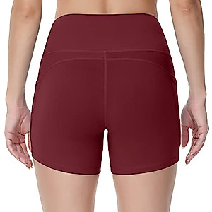 Dragon Fit High Waist Yoga Shorts for Women with 2 Side Pockets Tummy Control Running Home Workout Shorts (Large, Wine Red)