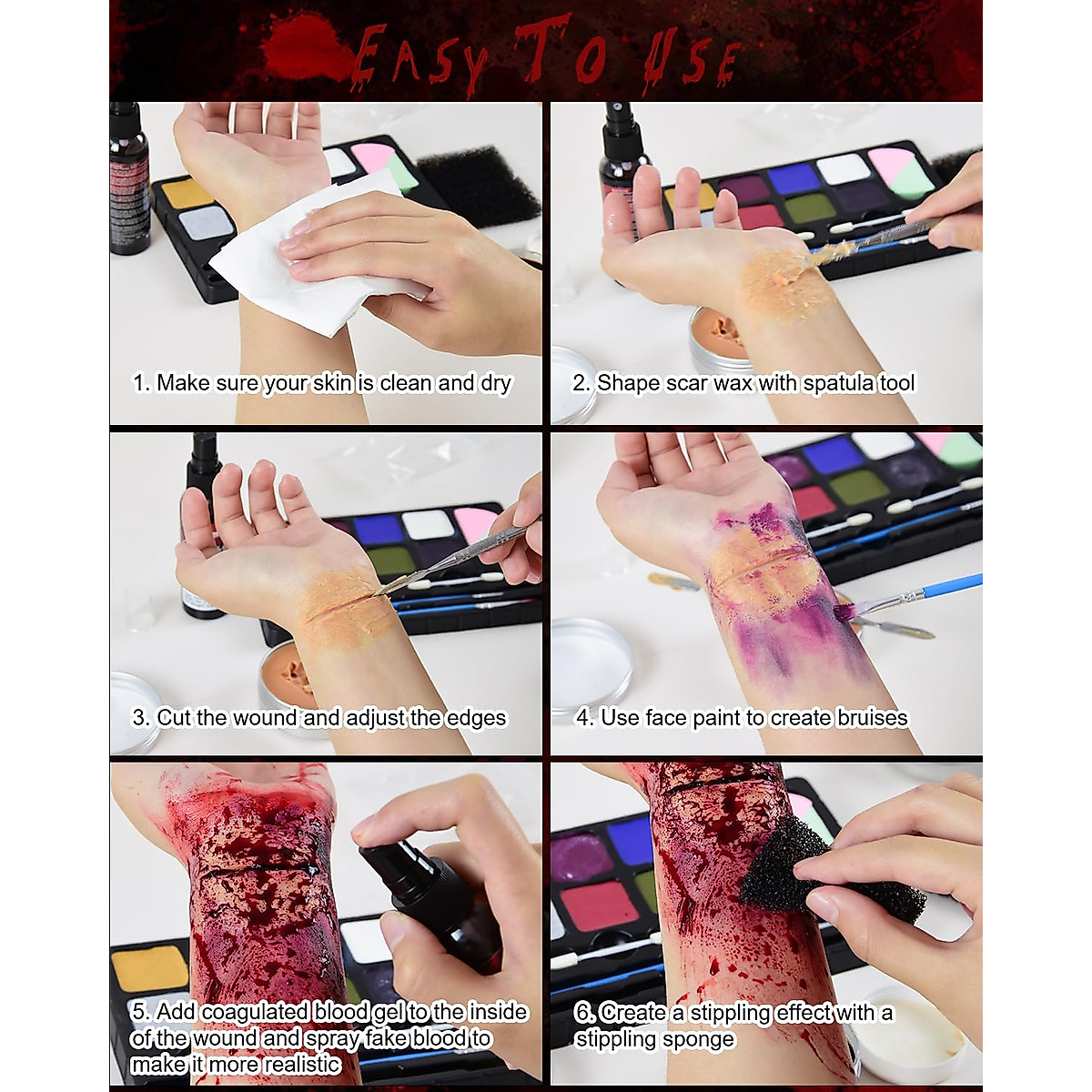 Roizefar Halloween SFX Makeup Kit,8 Colors Professional Special Effect Face Body Paint Palette with Scar Wax,Fake Blood Cream with Brushes,Spatula Tool,Stipple Sponge for Christmas Gifts,Cosplay