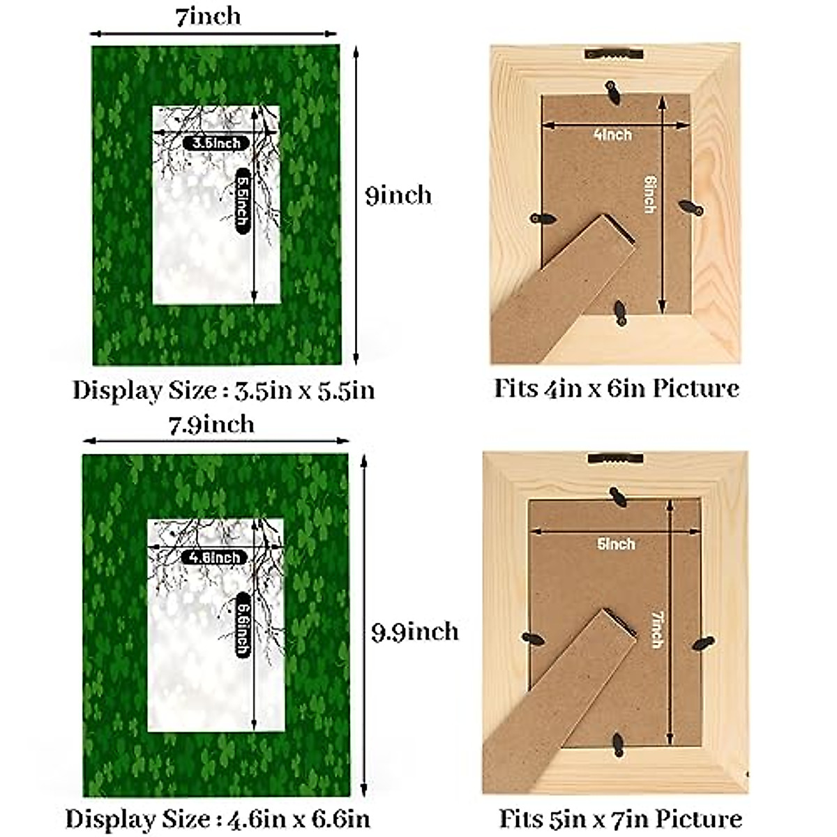 POFATO Lucky Four Leaf Clover Pattern 5x7 Picture Frame Wood Photo Frame for Tabletop Display Wall Mount Picture Frame Display 5 x 7 Inch Photo Wall Decor Home Gift Frames