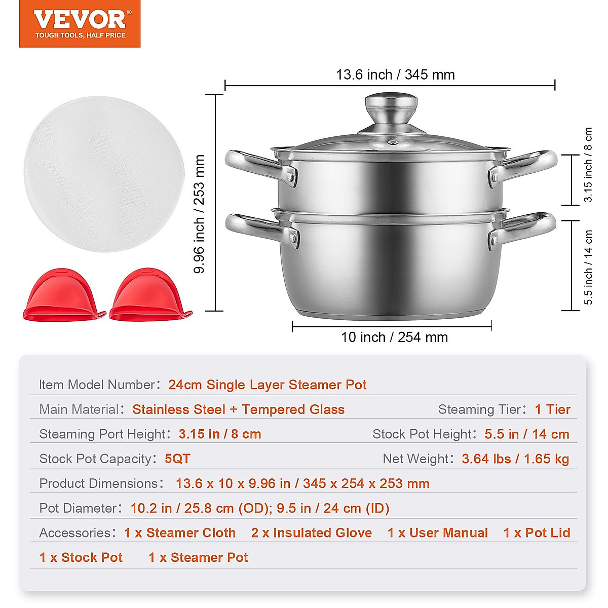 VEVOR Steamer Pot, 9.5in/24cm Steamer Pot for Cooking with 5QT Stock Pot and Vegetable Steamer, Food-Grade 304 Stainless Steel Food Steamer Cookware with Lid for Gas Electric Induction Grill Stove