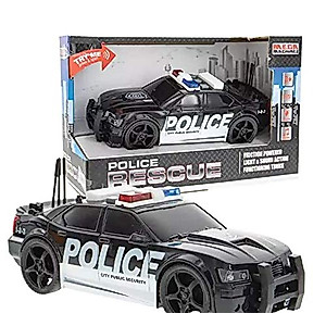 Friction Powered Police Car Toy Rescue Vehicle with Lights and Siren Sounds for Boys Toddlers and Kids, Pull Back 1:20 Diecast Emergency Transport Vehicle Car
