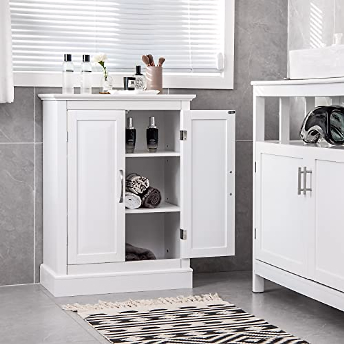 Tangkula Bathroom Storage Cabinet, Freestanding Floor Cabinet with Double Doors and 2 Adjustable Shelves, Anti-toppling Device, Modern Wood Storage for Bathroom Living Room Entryway (White)