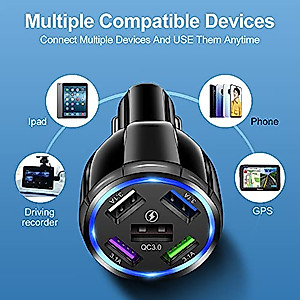 5-Port USB Fast Car Charger, QC3.0 Fast Charging Car Charger Adapter, 5 Multi Port Cigarette Lighter USB Charger, Car Phone Charger Compatible with iPhone/Android/Samsung Galaxy S10 S9 Plus and More