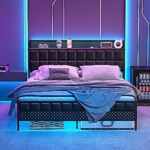 Halitaa Full Size Bed Frame with Headboard and Led Lights,Upholstered Bed Frames with Charging Station,Platform Metal Bed with Storage Shelves,No Box Spring Needed,Easy Assembly