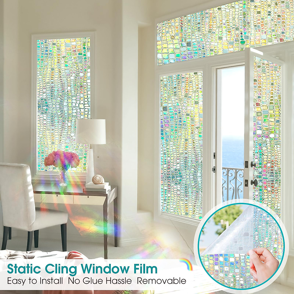 Windimiley Window Privacy Film 3D Rainbow Static Clings Bathroom Stained Glass Decorative Window Sticker Prism Holographic Window Decals Sun Blocking Non-Adhesive Door Covering,17.5x118.1In, Pure