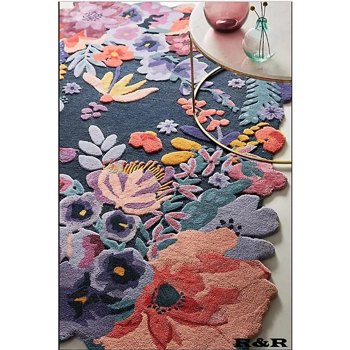 Restoration and Renovation Handmade Flower Multicoloured Irregular Area Rug 100% Imported Blended Wool Floral Area Rug (Navy, 8x5 ft)