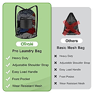 OTraki 28 x 36 inch Mesh Laundry Backpack Bag, Large Travel Laundry Bags with Shoulder Straps, Heavy Duty Drawstring Mesh Bag for Clothes Sports Soccer Ball Dorm Room Essentials (Black)