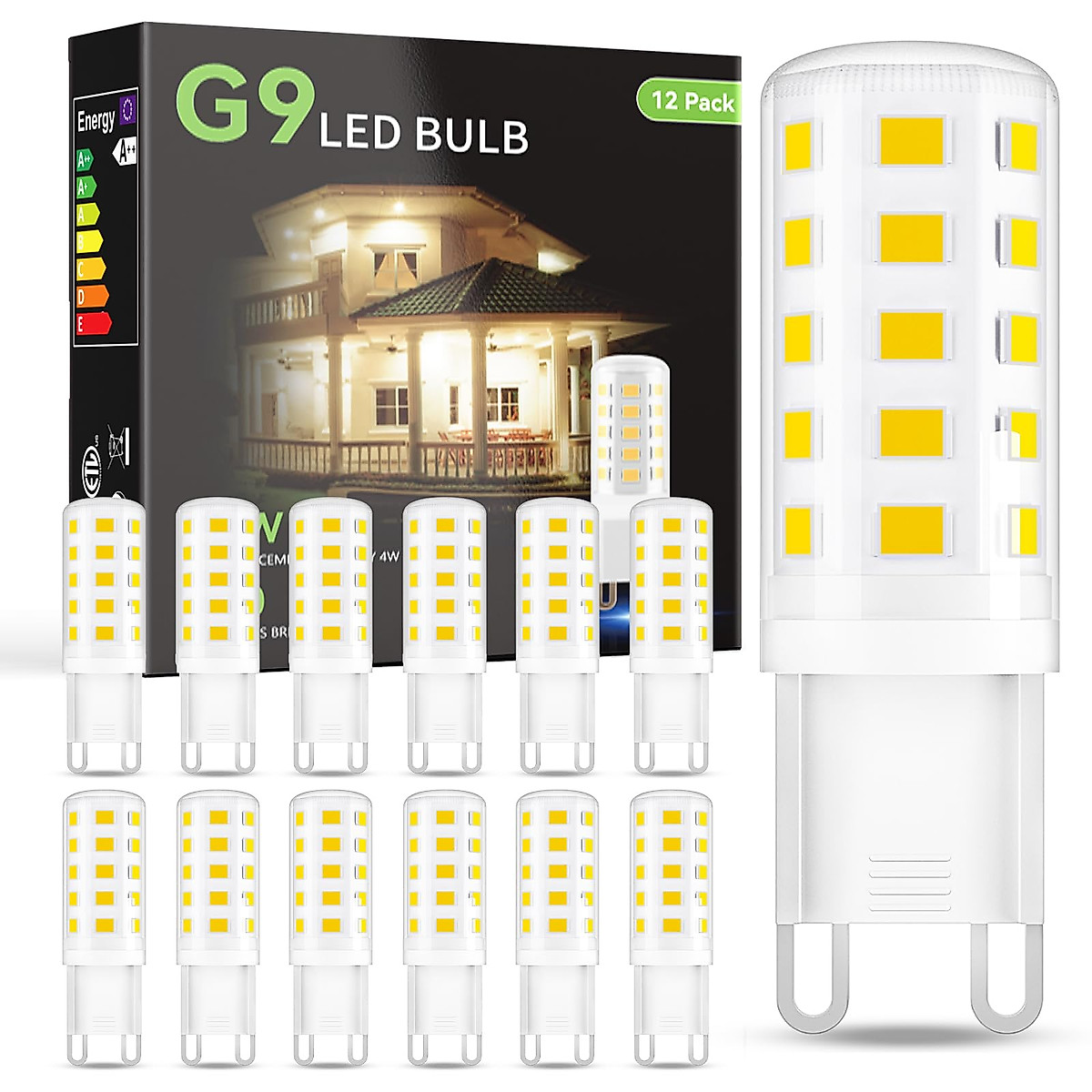 DAYBETTER G9 Led Bulb 12Pack 6000K Daylight White 4W, Equivalen G9 Halogen Light Bulb 40 Watt, T4 G9 Bi Pin Ceramic Base, 120V 450LM No-Flicker 360° Beam Angle Non-Dimmable, G9 Bulb for Chandeliers