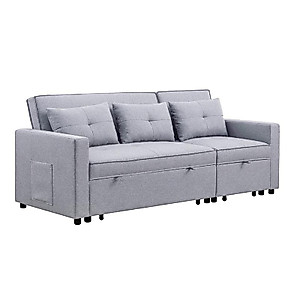 BOWERY HILL Light Gray Linen Fabric 3-in-1 Convertible Sleeper Sofa with Side Pocket