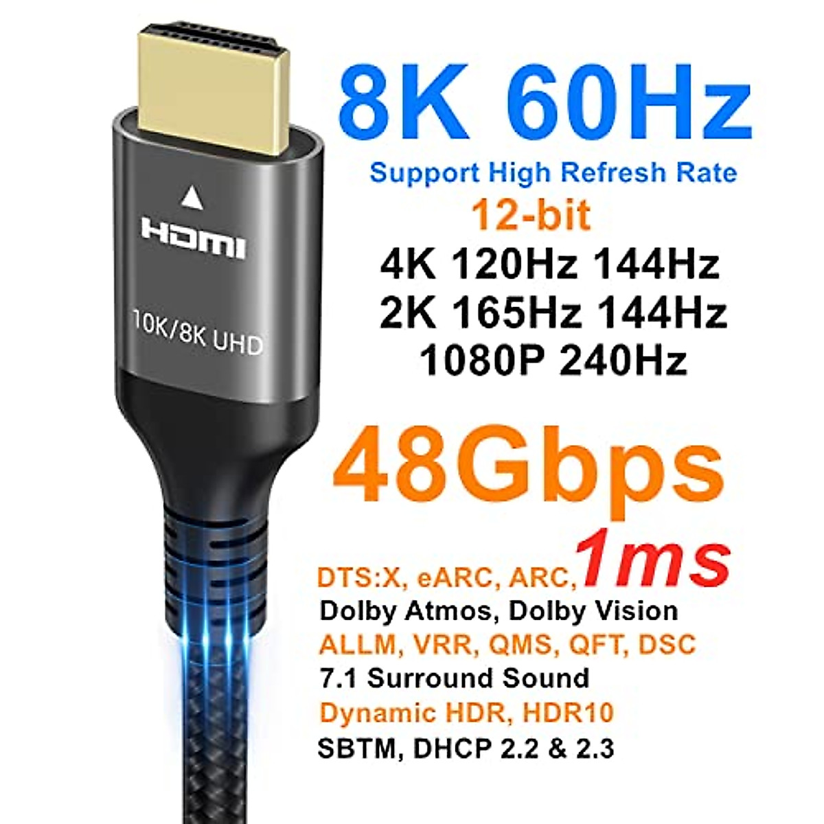 10k 8k 4k HDMI Cable 6.6 FT, Certified 48Gbps 1ms Ultra High Speed HDMI 2.1 Cable 4k 120Hz 144Hz 8k 60Hz 12bit ARC eARC DTS:X Dolby Atmos HDR10 Compatible for Mac Soundbar Gaming PC RTX3090 PS5 4 Xbox