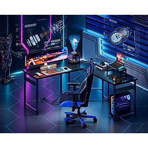 Casaottima 51 inch L Shaped Gaming Desk with Power Outlets and USB Port, Corner Desk Gaming Table with Monitor Stand for Home Office, Computer Desk for Small Space, Carbon Fiber Surface, Black