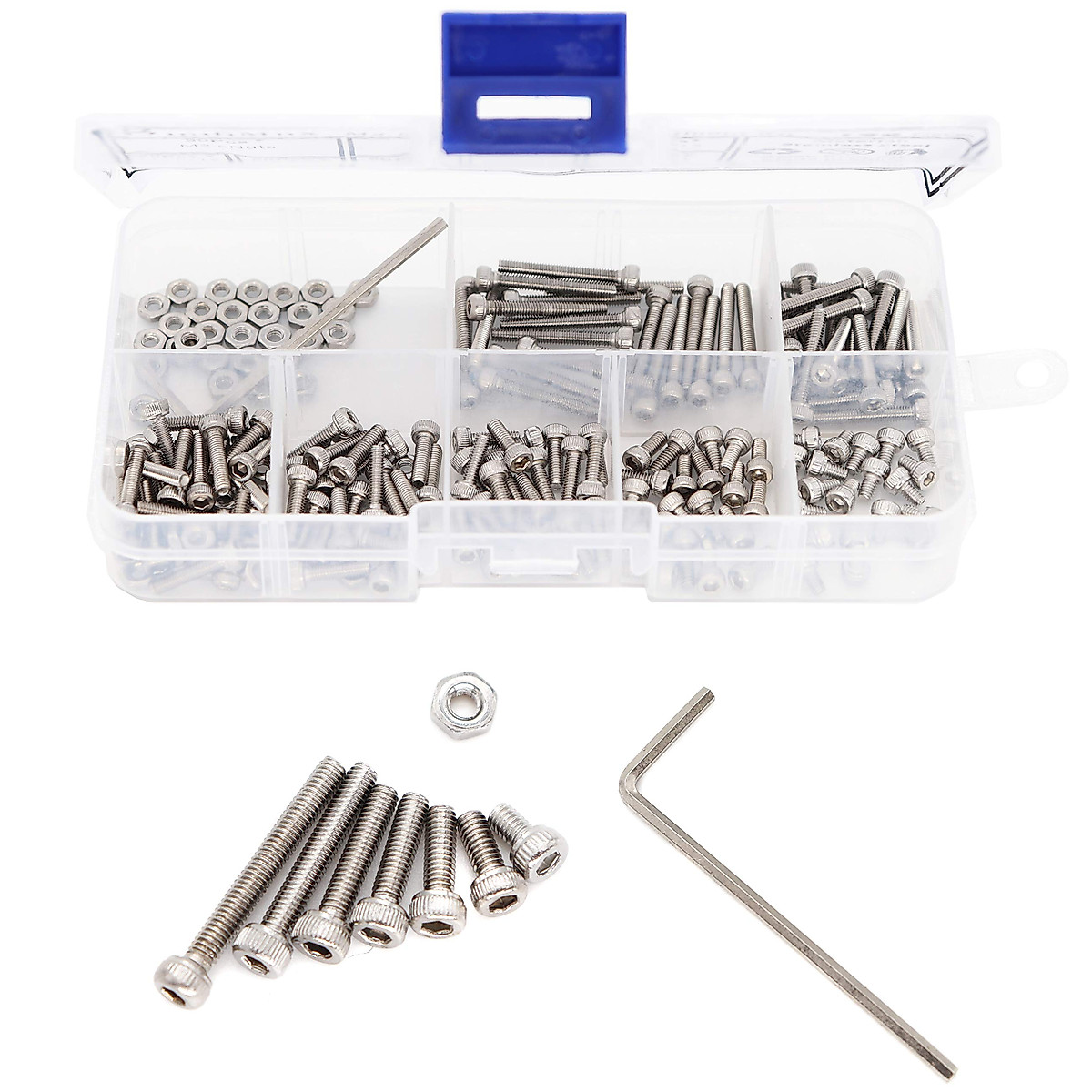 binifiMux 190pcs M2.5 Hex Socket Cap Screws and M2.5 Hex Nuts Assortment Kit with Wrench, 304 Stainless Steel Silver Tone