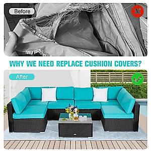 Kinsunny Outdoor Cushion Covers for Patio Furniture 7 Piece Set, Replacement Cushion Slipcovers for Rattan Sectional Couch, Patio Seat Covers with Zipper, Water Resissant, Only Cover, Turquoise