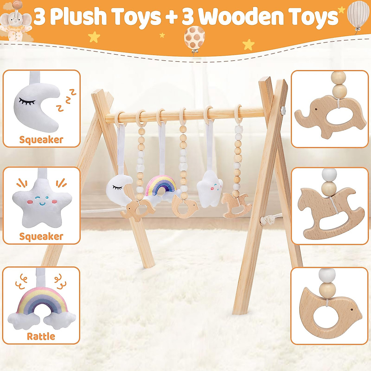 KIZZYEA Wooden Baby Play Gym, Infant Activity Gym for 0-3-6-12 Months, Wooden Foldable Frame Bar, Baby Activity Center, Newborn Montessori Gift for Boys Girls Ages 0 Month+