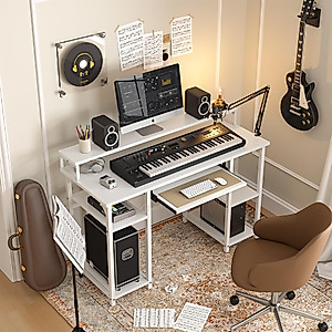 CubiCubi Computer Desk with Keyboard Tray, 47 Inch Office Desk with Monitor Stand and Storage Shelves, Music Studio Desk, Work Table Gaming Desk, White