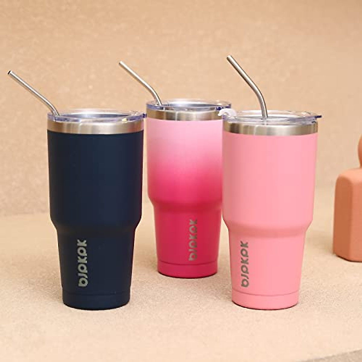 BJPKPK 30oz Stainless Steel Vacuum Insulated Tumbler Set Double Wall Travel Mug Coffee Cup with Metal Straws, Splash-Proof Lids,Coral