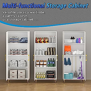 NOVAMAISON White Storage Cabinet 69” Tall - Storage Cabinet w/ 2 Doors and Adjustable Shelves, Freestanding Kitchen Pantry w/Gold Handles and Legs, Wooden Wardrobe Cabinet for Bedroom, Laundry