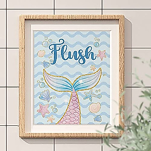 FALJIOK Mermaid Decor, Mermaid Bathroom Wall Art Decors, Ocean Wash Brush Floss Flush Kids Girls Bathroom Under the Sea Rules Wall Signs, Set of 4(8”X10”) Unframed