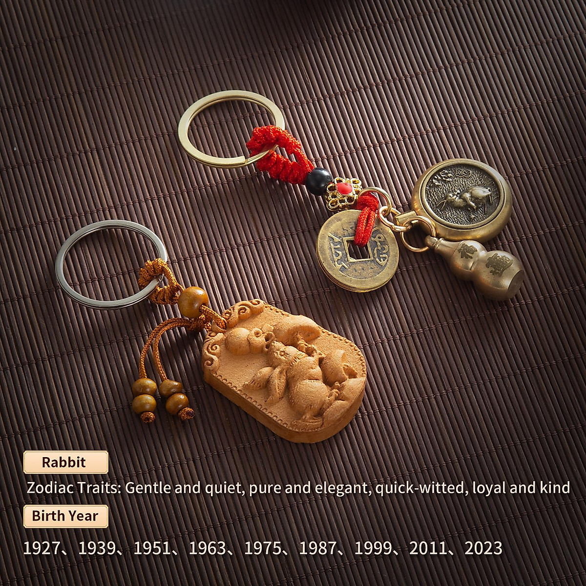 2 in 1 Feng Shui Wu Lou Brass Gourd 12 Zodiac Wood Carved Lucky Key Chain for Chinese Style Gifts(Rabbit)