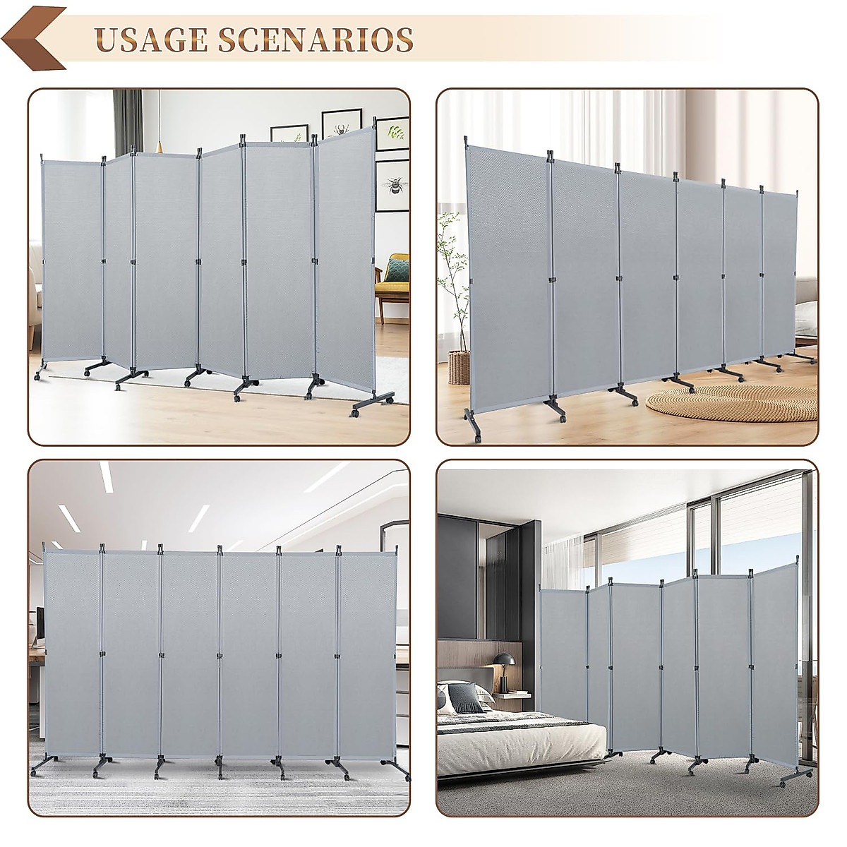 Room Divider Screen Wide Room Divider Panel/Wheels, Decorative Divider for Room Separation, 6 Panel Portable Wall Divider Freestanding Room Partitions and Dividers, Grey Room Separator for Studio