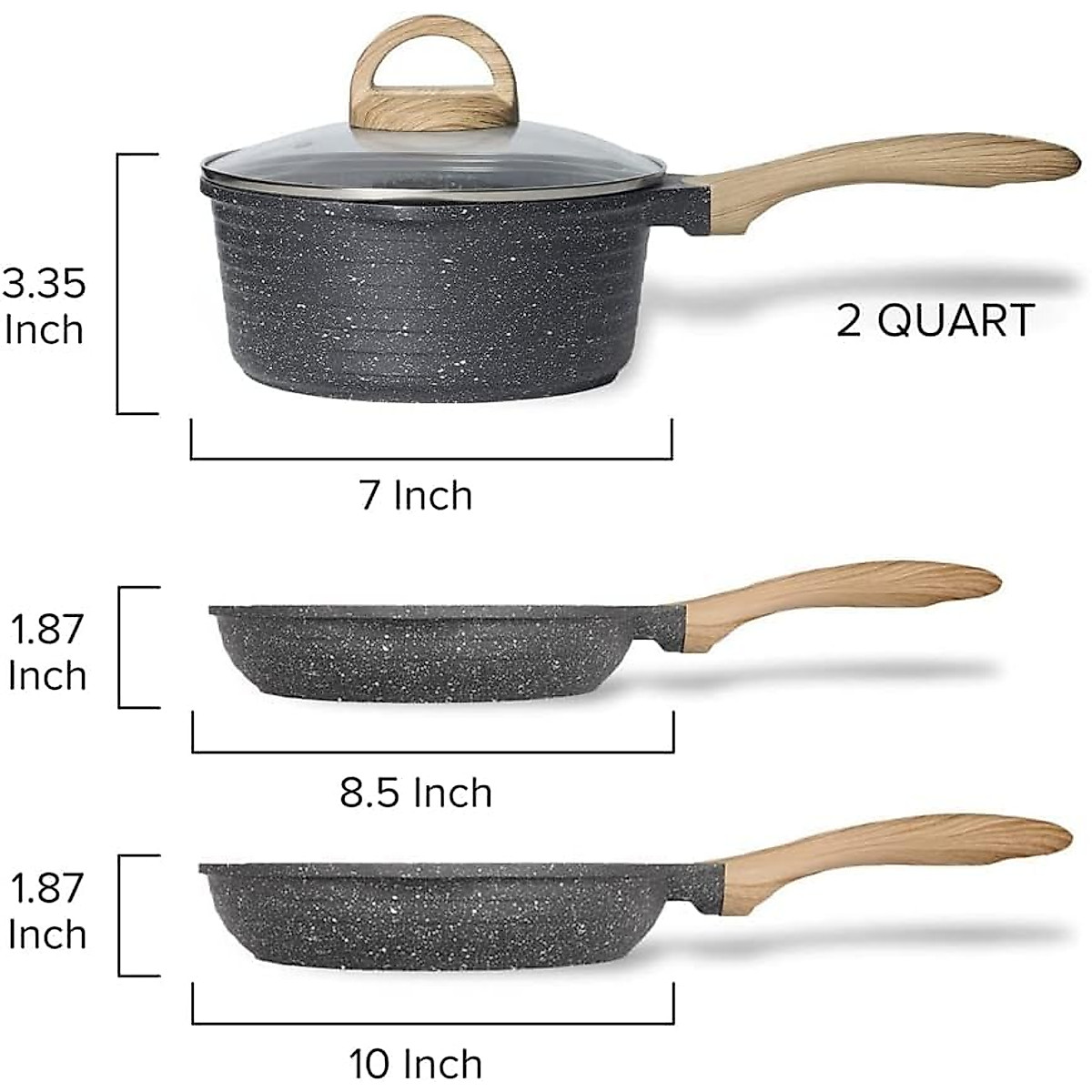 JEETEE Pots and Pans Set Nonstick, Granite Cookware Set, 8.5 Inch Frying Pan, 10 Inch Frying Pan and 2.0 Quart Saucepan with Lid (PFOA/PFOS Free), 4pcs Cooking Set (Induction, Gas, Ceramic, Electric)