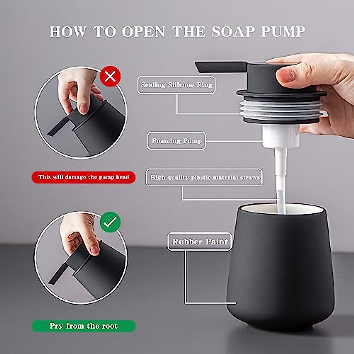 Soap Dispenser, 12oz Foam Hand Soap Dispenser with Pump Rounded Bottom Porcelain Hand Liquid Dispenser, Black Pump Dish Liquid Dispenser for Kitchen, Bathroom(Rubber Paint)
