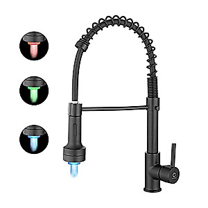 Casavilla Faucet, Black Kitchen Faucet with LED Light, Kitchen Sink Faucets with Pull Down Sprayer, Dual Function Spray Head, Farmhouse Stainless Steel Single Handle Kitchen Faucets