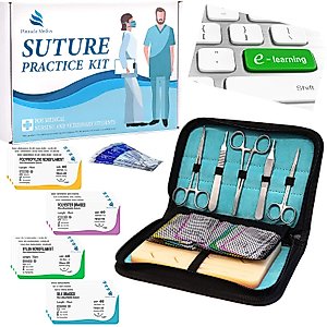 Suture Kit | Suture Practice Kit for Medical Students | Suture Pad and Tool Kit | 24 Mixed Sutures Thread with Needle | Medical, Nursing, and Vet Student Suture Training | Step by Step Video Tutorial