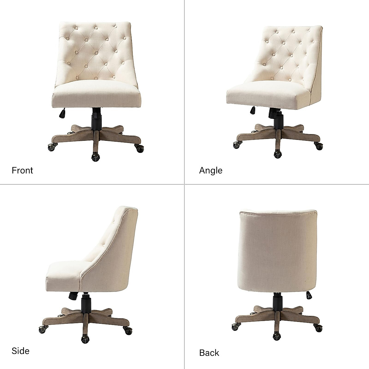 Modern Tufted Armless Home Office Chair, Comfy Upholstered Desk Chair with Vintage Wood Base, Height Adjustable Swivel Computer Task Chair for Living Room Bedroom, Beige