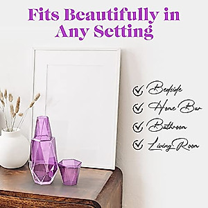 Modern Geometric Bedside Carafe | 2-Piece Set - Bedside Water Carafe | Glass Carafe with Cup that Doubles as Lid | Elegant Pitcher and Matching Drinking Tumbler for Guest Room, Office in Purple (37oz)
