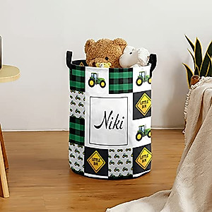 Cute Tractor Green Laundry Basket Personalized with Name Laundry Hamper with Handle Organizer Storage Bin Bedroom Decor for Boys Girls Adults