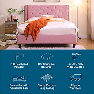 Oliver & Smith Astor - Upholstered 51" Tall Headboard Tufted Suede Velour Platform Bed/Mattress Foundation/Wood Slat Support/No Box Spring Needed/Easy Assembly/Pink/Full
