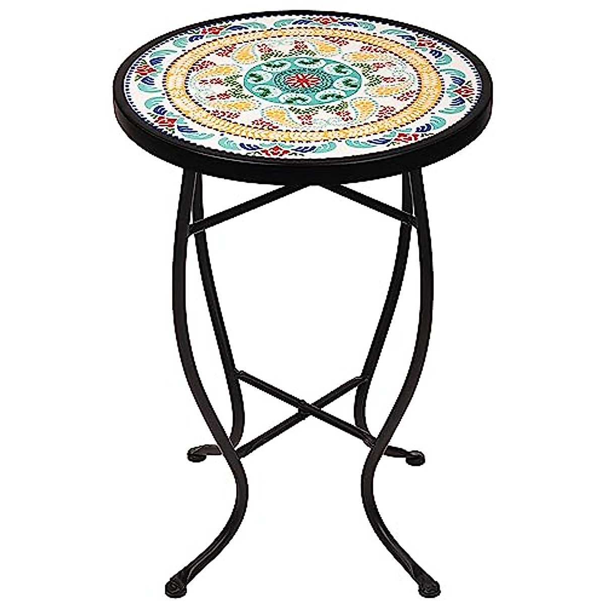 Elevon 14 Inch Round Side Ceramic Tile Top Indoor and Outdoor Accent Table, Pineapple