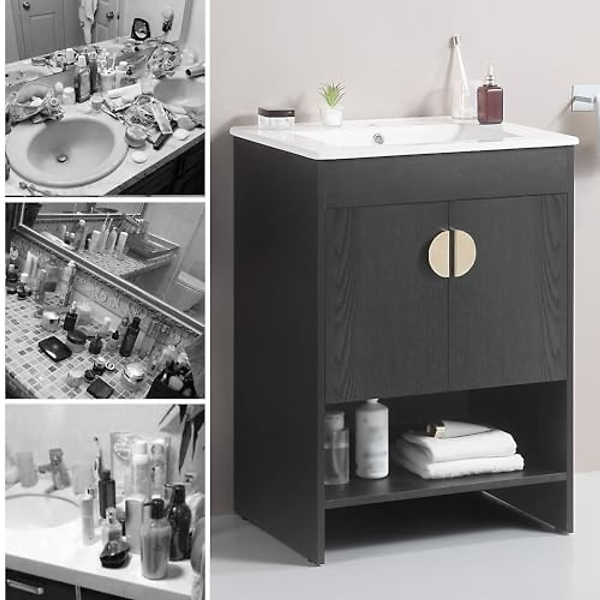 QuixotYDDZ 24 Inch Modern Freestanding Solid Wood Bathroom Cabinet, Bathroom Vanity with Ceramic Sink Combo, Bath Cabinet with 2 Doors and Open Shelf for Small Space, Solid Wood, Black