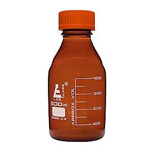 EISCO Reagent Bottle, 500ml - Amber Colored Glass - Orange Screw Cap, Drip Free Pouring Ring - White Graduations - Borosilicate 3.3 Glass