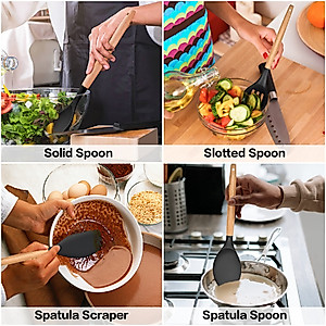 LIANYU 30 PCS Silicone kitchen Cooking Utensils Set with Holder, Heat Resistant Kitchen Essentials Utensils Set Wooden Handle, Cooking Tools Set Including Tuner, Spatula, Spoon, Ladle, Black
