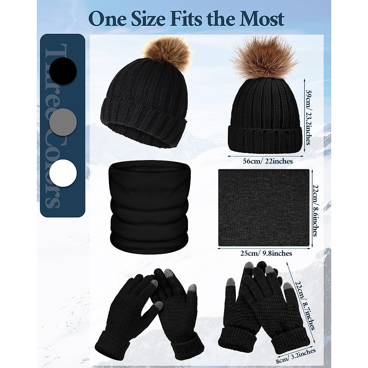 9 Pcs Winter Knitted Hat Scarf Gloves Set Warm Beanie Hat with Faux Fur Pom Fleece Lining Neck Warmer Touchscreen Gloves for Women, Men
