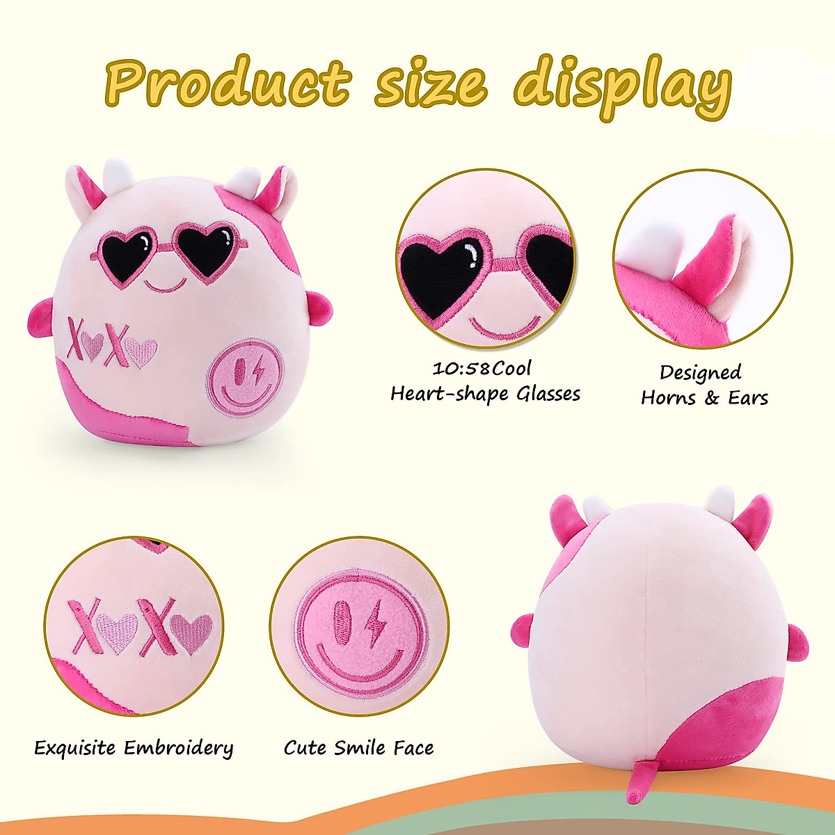 NOVBAUB Preppy Cow Stuffed Plush Toys 8 Inch Cute Pink Stuffed Cow Plush Toys for Girls Teens Lovely Y2K Soft Stuffed Plush Cow Pillows for Kids Teens Adults Birthday Party Gift