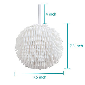 Chenille Hand Towels Set of 4, Enlarge 7.5 Inch Soft Highly-Absorbent Fast Drying Fuzzy Ball Hand Towels with 4 Hooks for Bathroom & Kitchen (2 Grey+2 Blue)