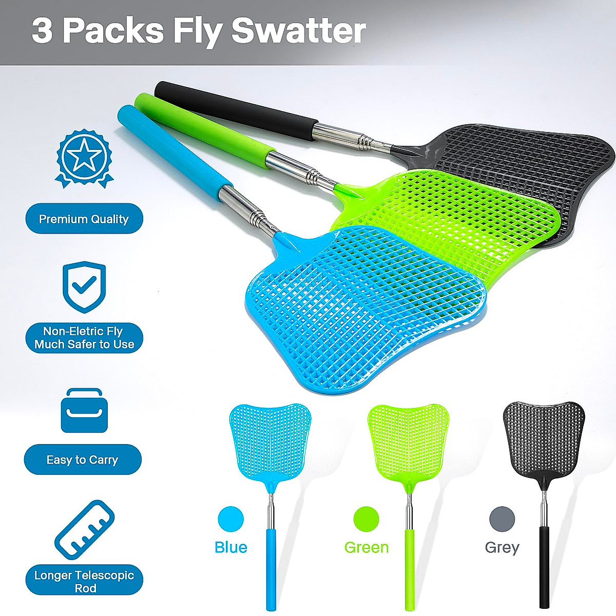 Telescopic Fly Swatter, Hiway 3 Pack Fly Swatter for Indoors Plastic Flyswatter Heavy Duty with Stainless Steel Telescopic Handle