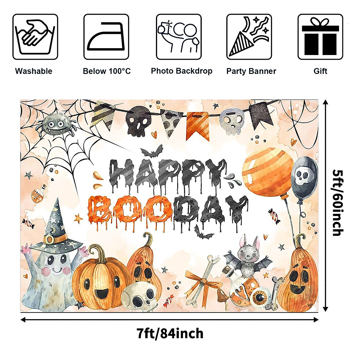 Avezano Halloween Booday Birthday Party Backdrop, Happy Boo Day Party Decorations Photoshoot Backdrops Halloween Happy Boo Day Party Banner Cute Spooky Ghost Birthday Decor Supplies Boys Girls (7x5ft)