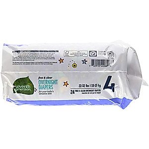 Seventh Generation Baby Overnight Diapers, Free & Clear, Stage 4, 22-32lbs, 24 count (Packaging May Vary)