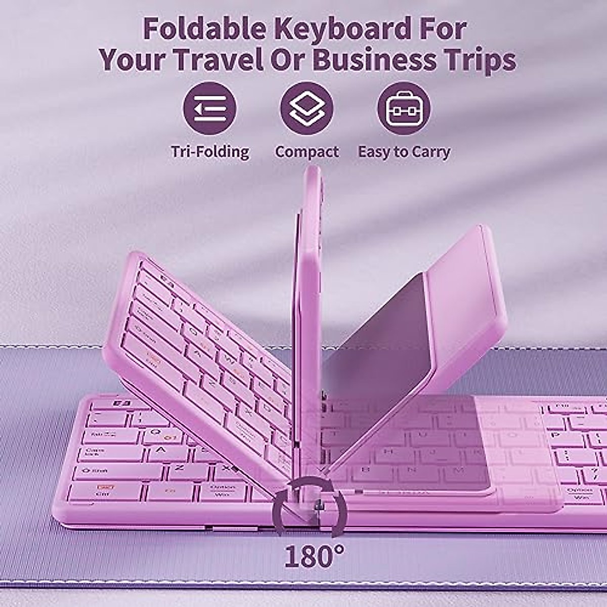 seenda Foldable Bluetooth Keyboard for Travel, Portable Wireless Folding Keyboard with Number Pad, Full-Size Rechargeable Keyboard for Laptop Tablet PC Mac Windows iOS Android - Purple Pink