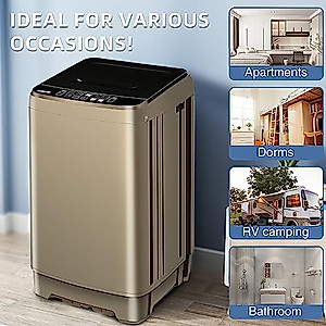 EUASOO 15.6lbs Full-Automatic Washing Machine, Portable Compact Laundry Washer with Drain Pump, 10 Programs 8 Water Levels with LED Display for RV, Camping, Apartment, Dorm, Dark-Gold