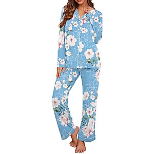 PrinStory Women's Pajamas Set Long Sleeve Sleepwear Casual Loungewear Soft Button Down Pjs Set with Pockets FP-Light Blue-Large